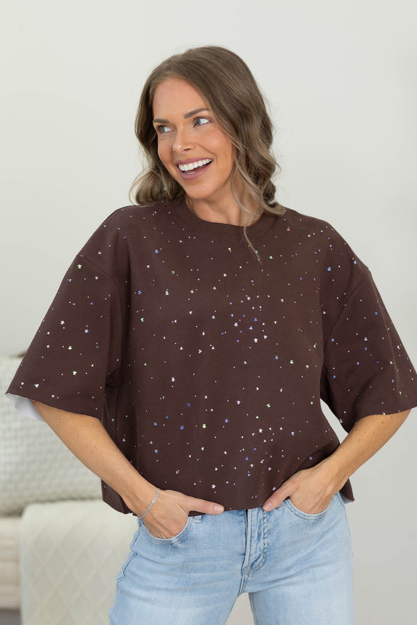 Brown Multicolor Star Print Knit Top · Filly Flair