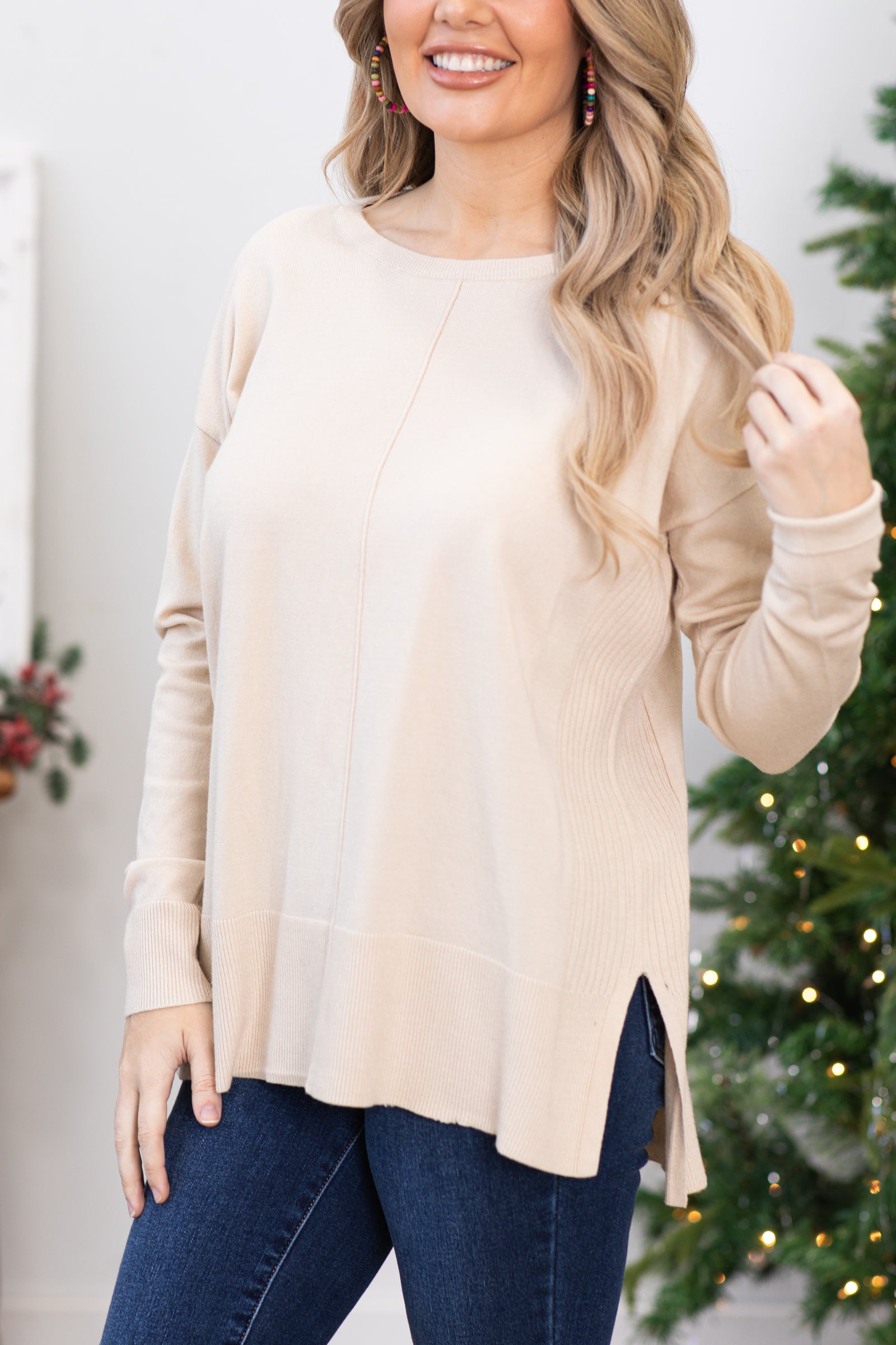 Beige Center Seam Sweater With Side Slits · Filly Flair