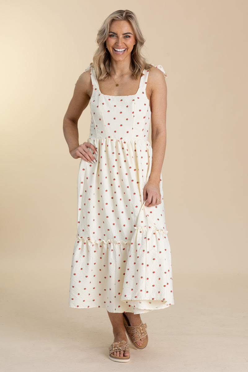 Cream With Strawberries Tiered Midi Sundress · Filly Flair