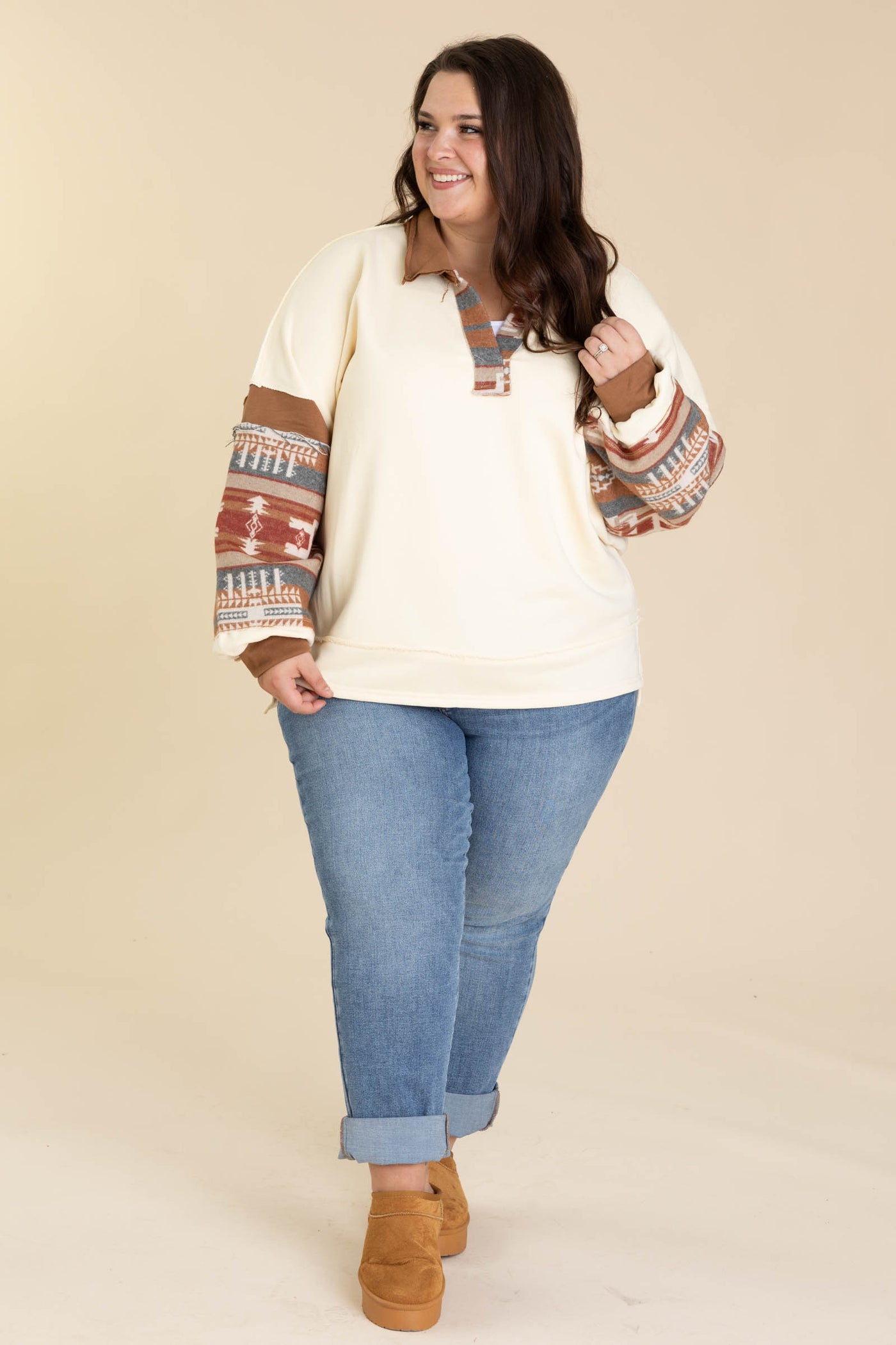 Cream French Terry And Aztec Print Top · Filly Flair