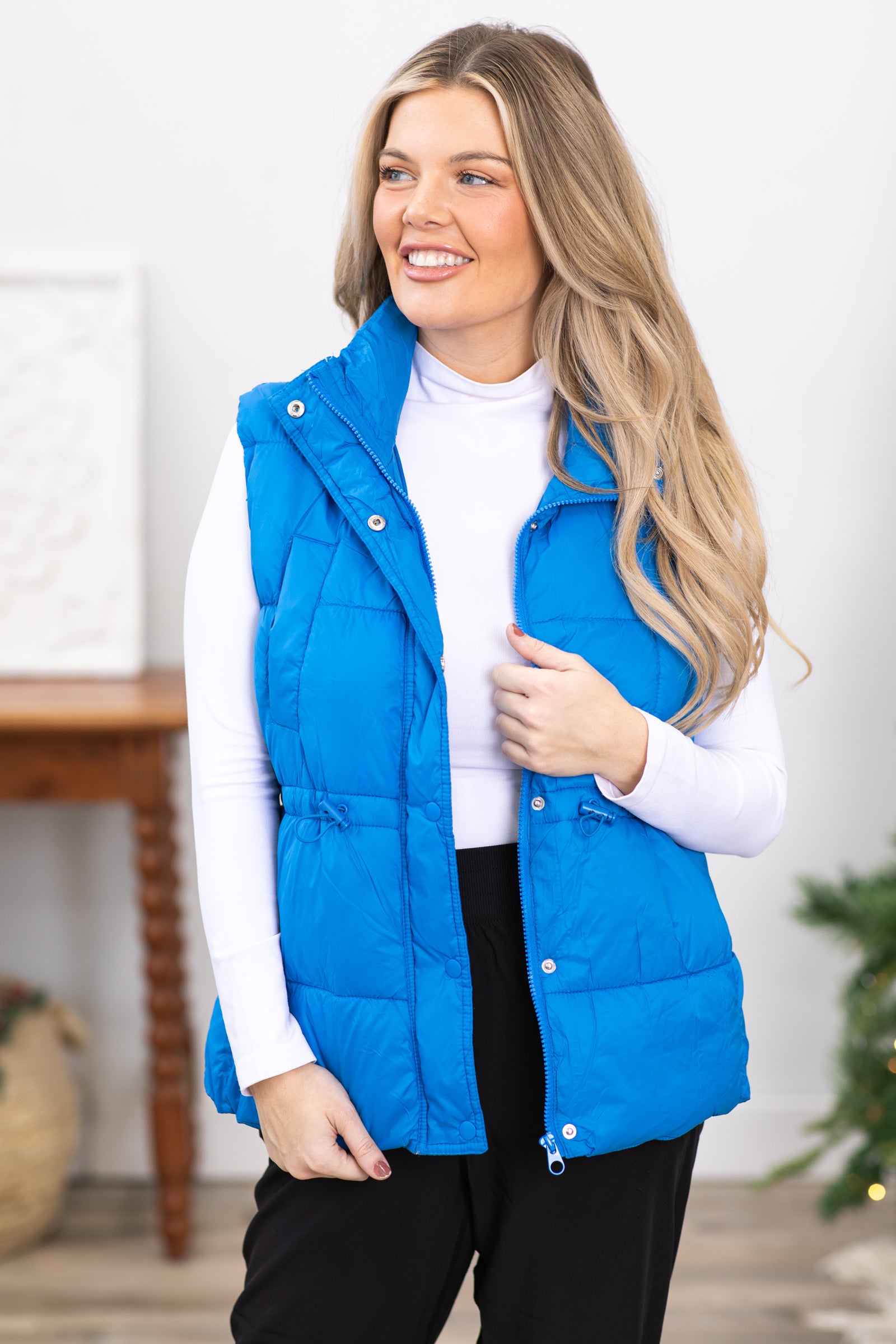 Dark Sky Blue Channel Quilted Puffer Vest · Filly Flair