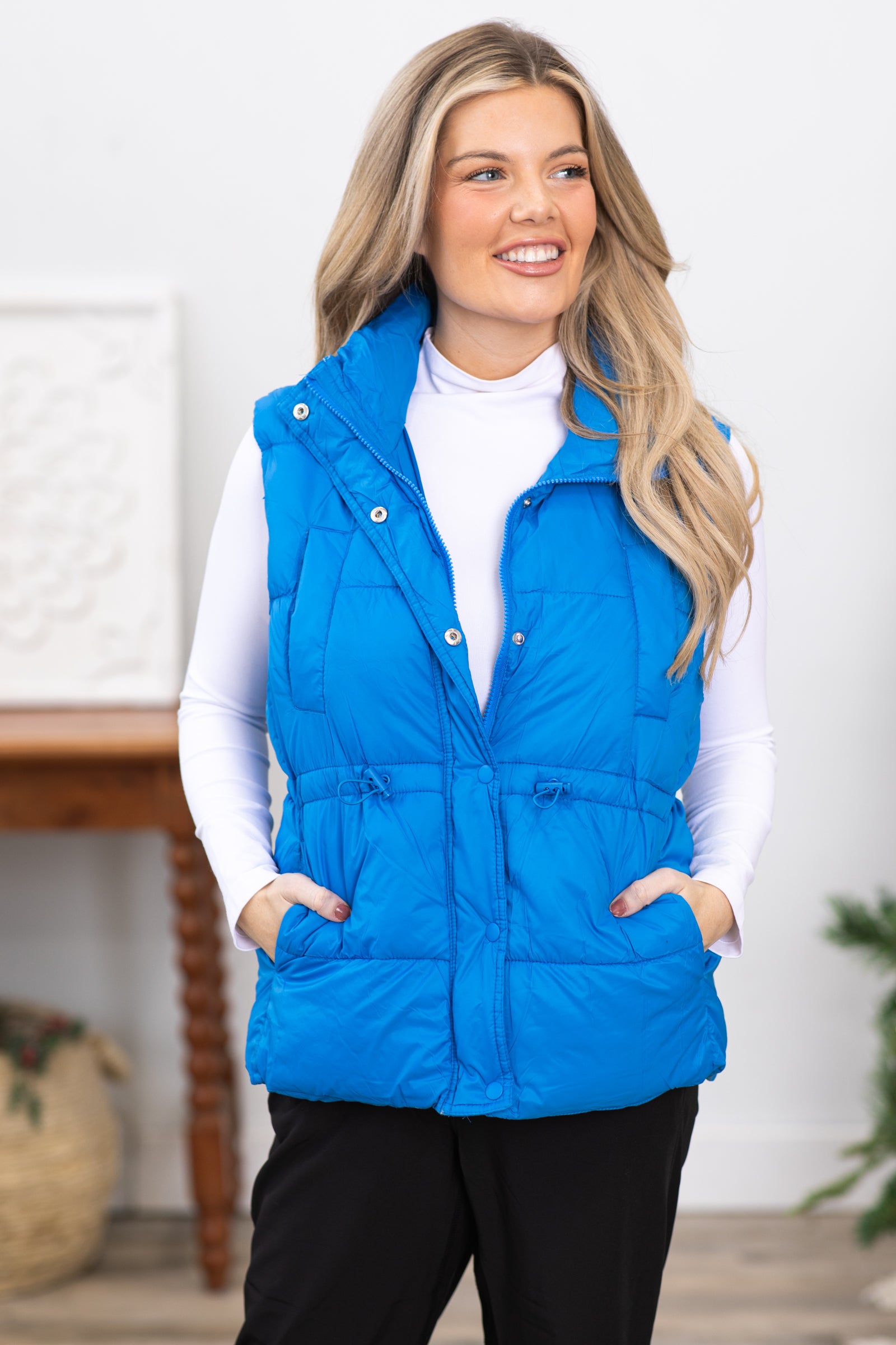 Dark Sky Blue Channel Quilted Puffer Vest · Filly Flair