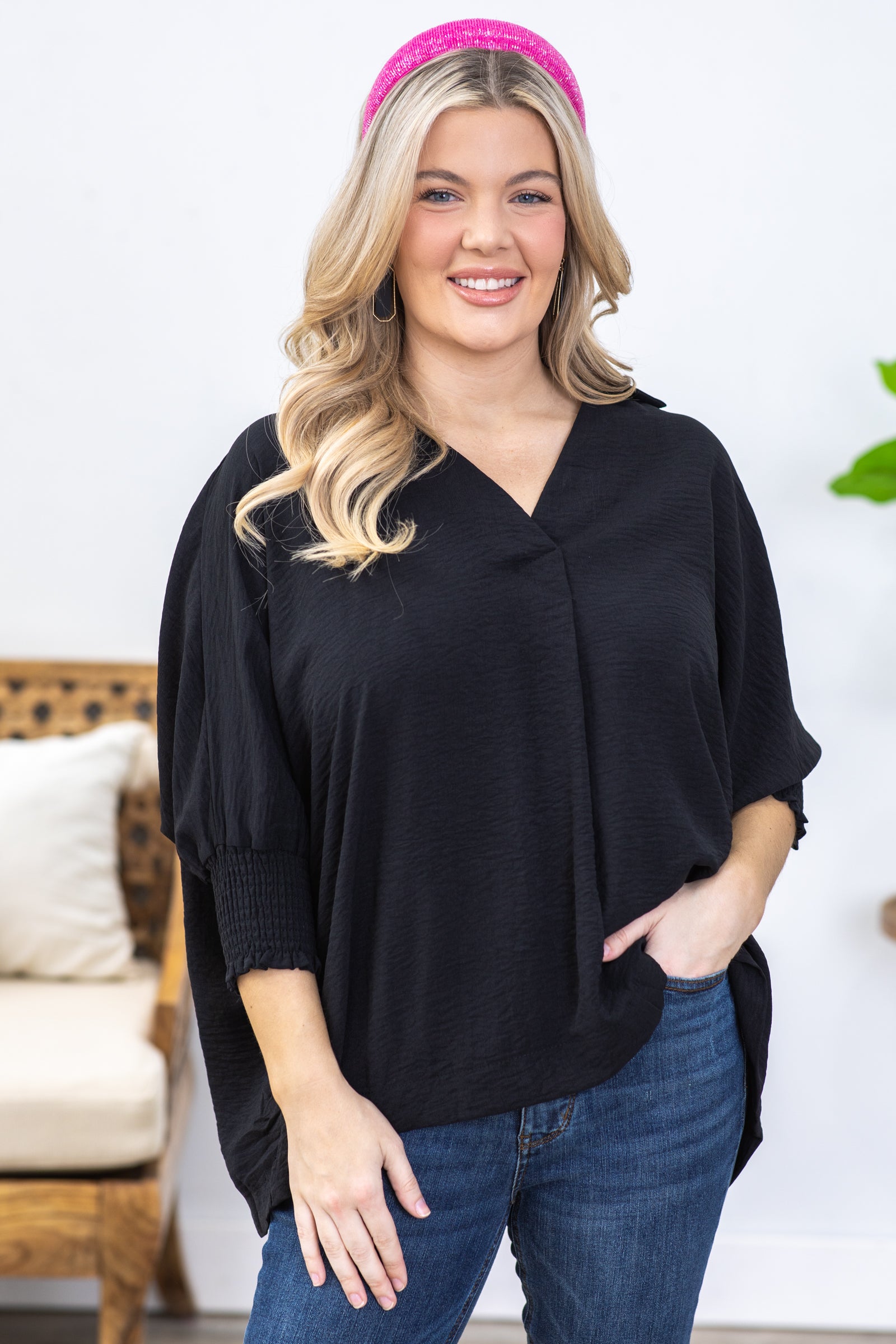 Black Collared With Cuff Woven Top · Filly Flair