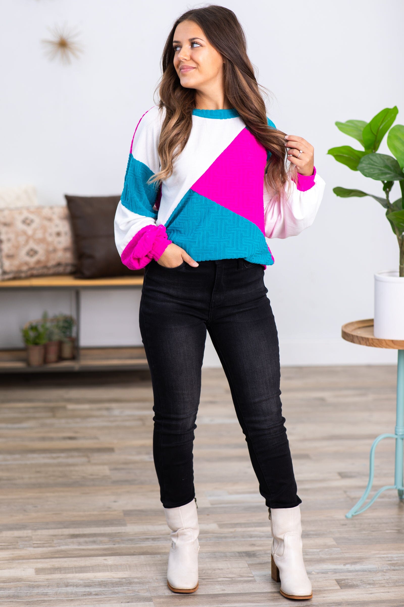 Teal and Fuchsia Colorblock Textured Top · Filly Flair
