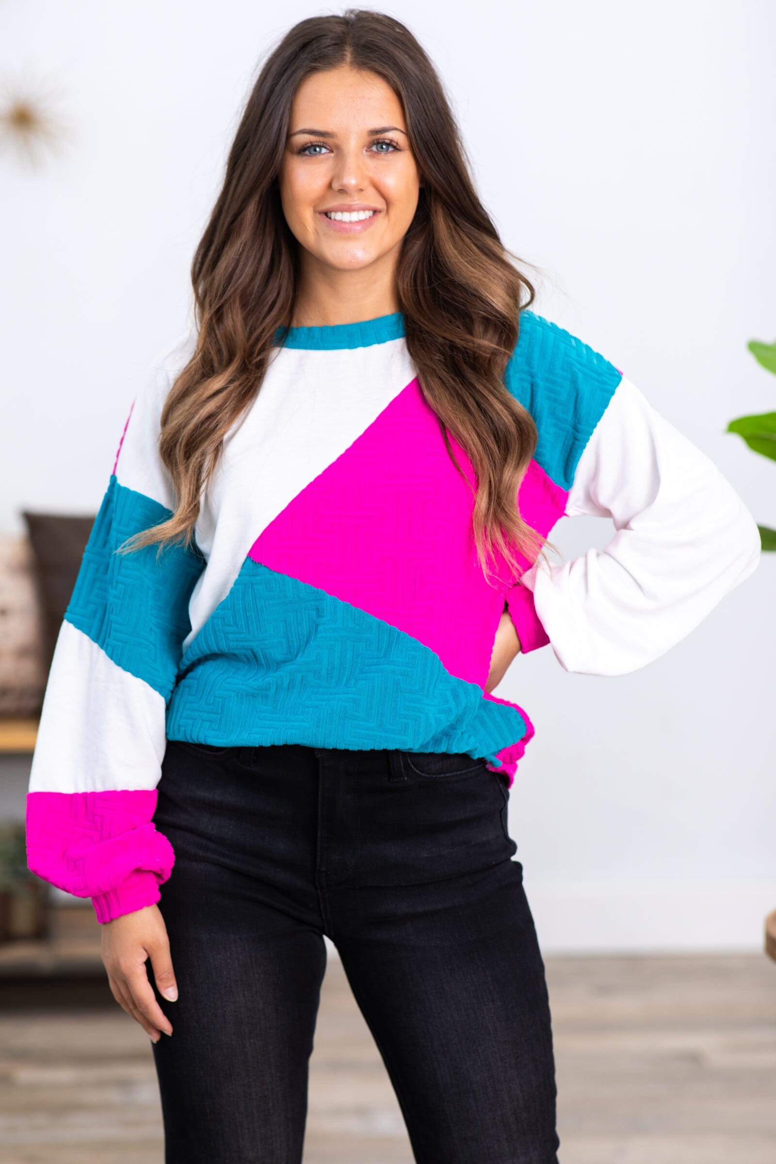 Teal and Fuchsia Colorblock Textured Top · Filly Flair