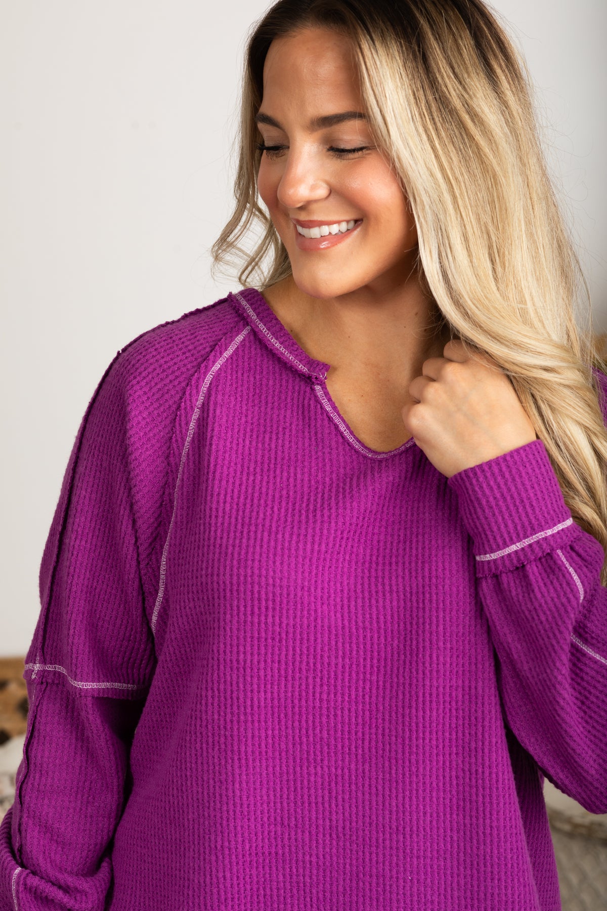 Notched Neck With Exposed Seams Knit Top · Filly Flair