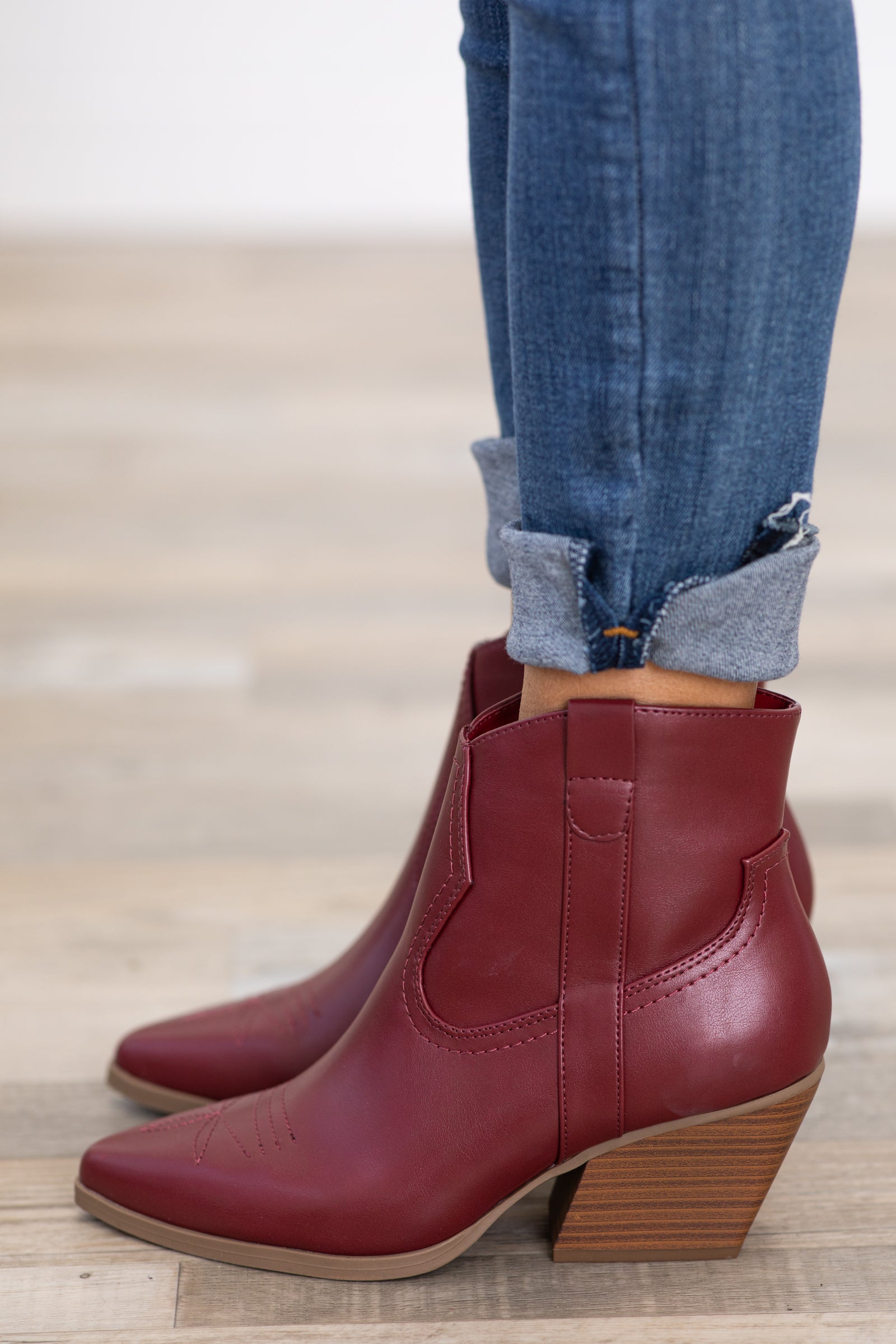 Burgundy Faux Leather Western Booties · Filly Flair
