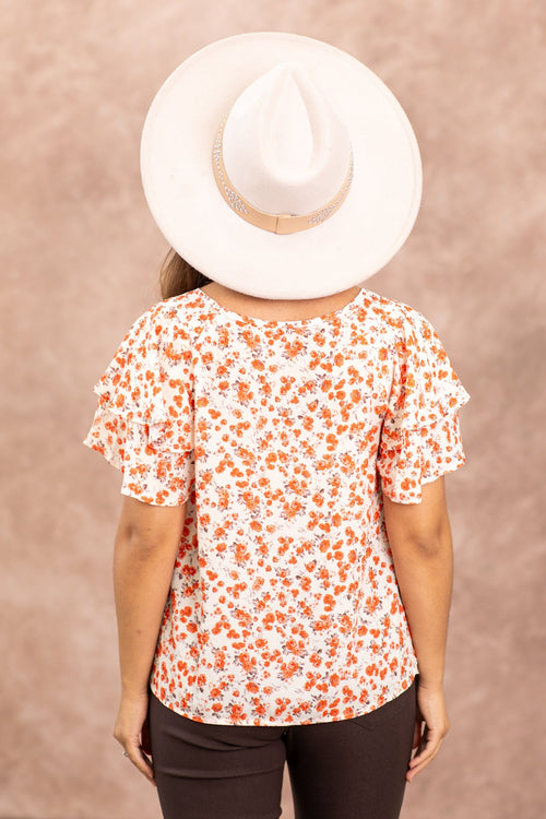 Orange Floral Double Flutter Sleeve Top · Filly Flair