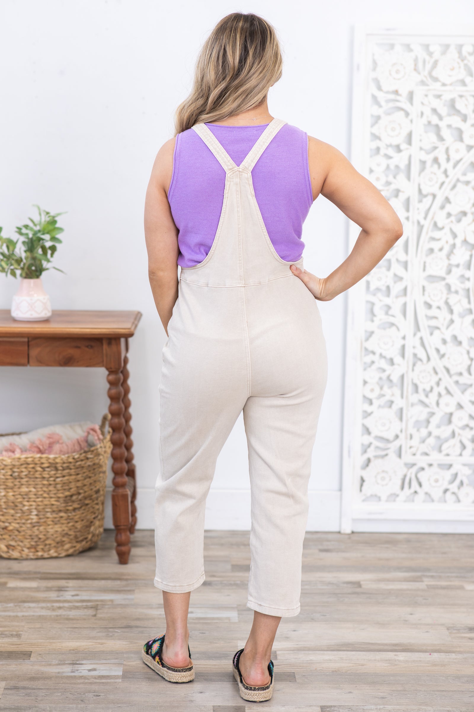 Beige Washed Knot Strap Relaxed Overalls · Filly Flair