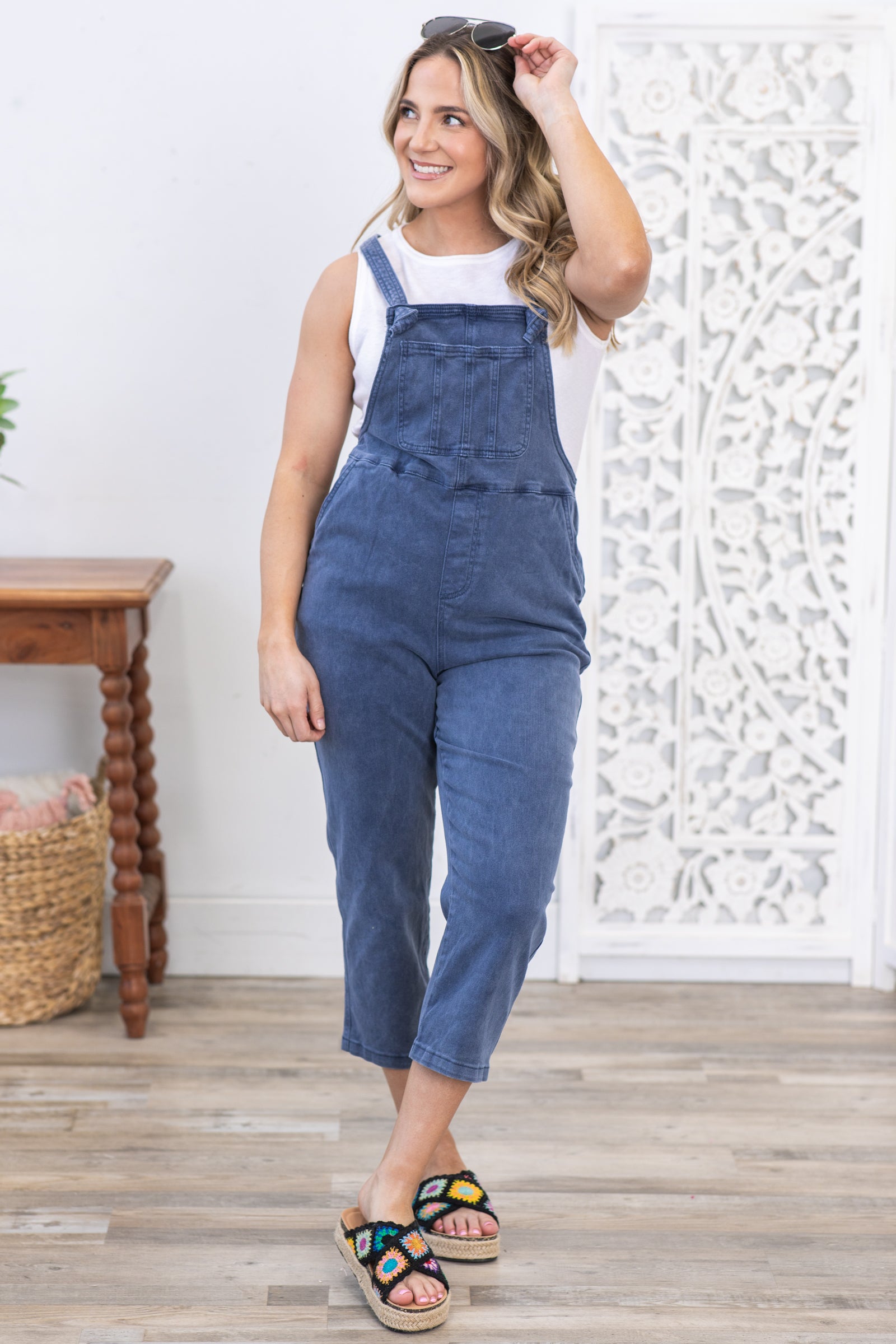 Navy Washed Knot Strap Relaxed Overalls · Filly Flair