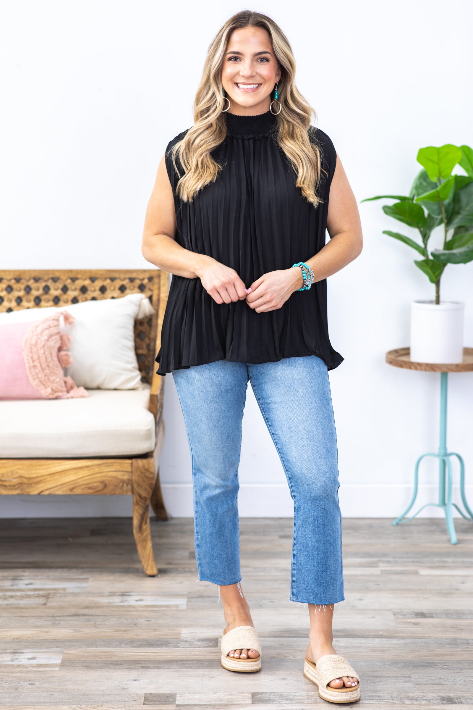 Black Smocked Neck Accordion Pleat Top · Filly Flair