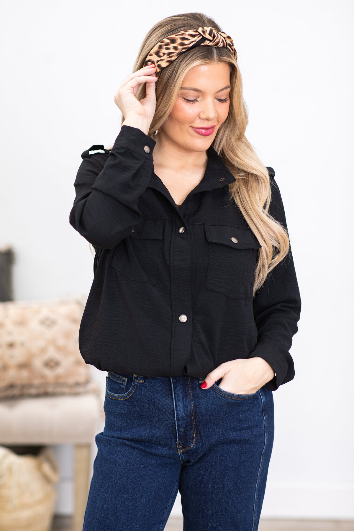 Black Snap Button Jacket With Chest Pockets · Filly Flair