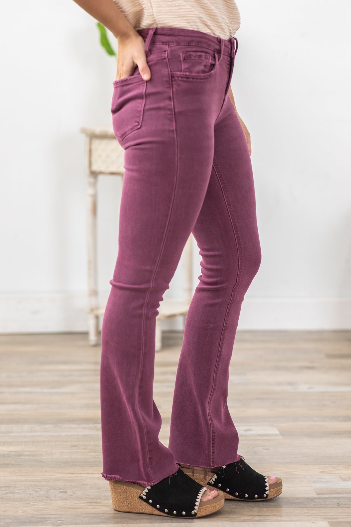 Lovervet Berry Mid Rise Raw Hem Bootcut Jeans · Filly Flair