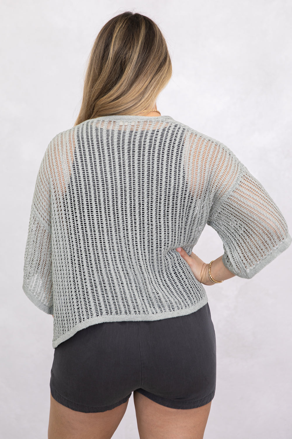 Grey Fishnet Knit Short Sleeve Cardigan · Filly Flair
