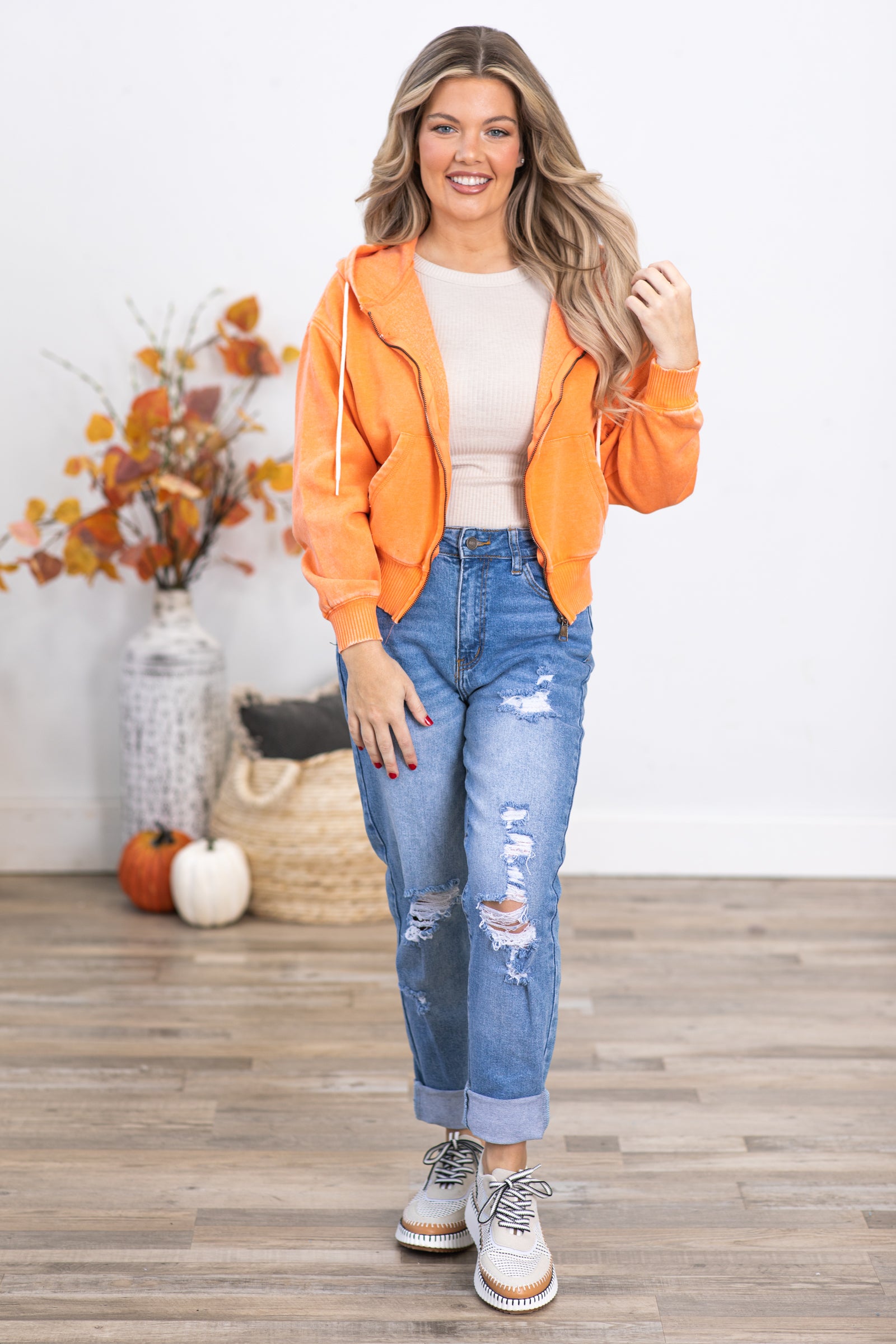 Light Orange Washed Fleece Full Zip Hoodie · Filly Flair