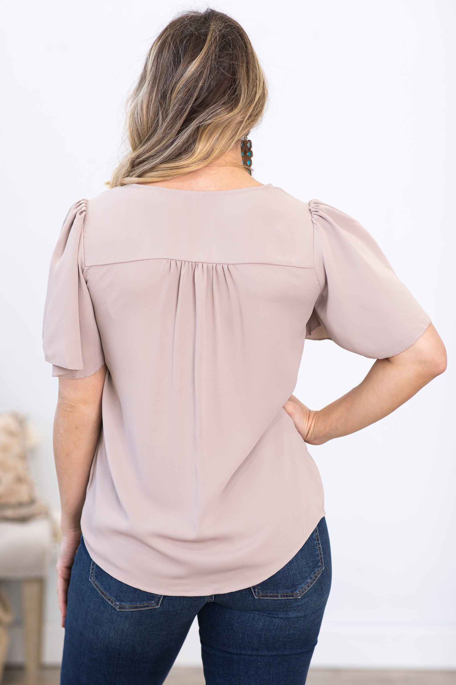 Mocha Woven Waterfall Sleeve V-Neck Top · Filly Flair