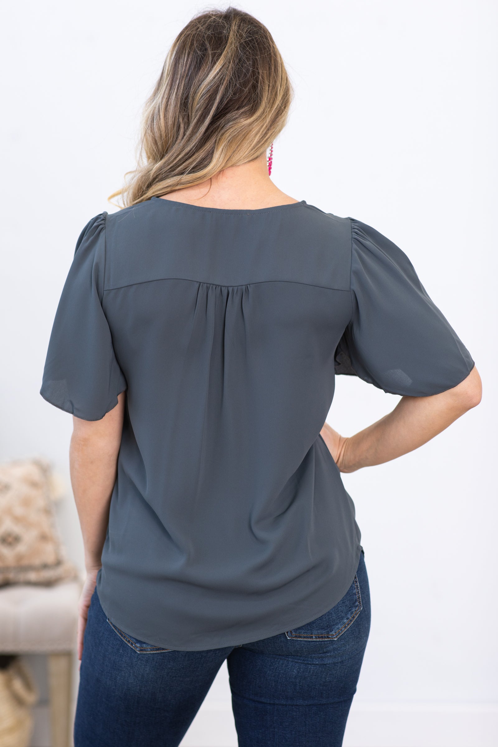 Graphite Woven Waterfall Sleeve V-Neck Top · Filly Flair