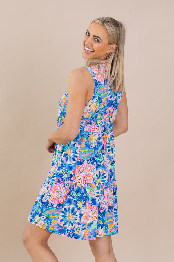 Blue Floral Abstract Tiered Wrinkle Free Dress · Filly Flair