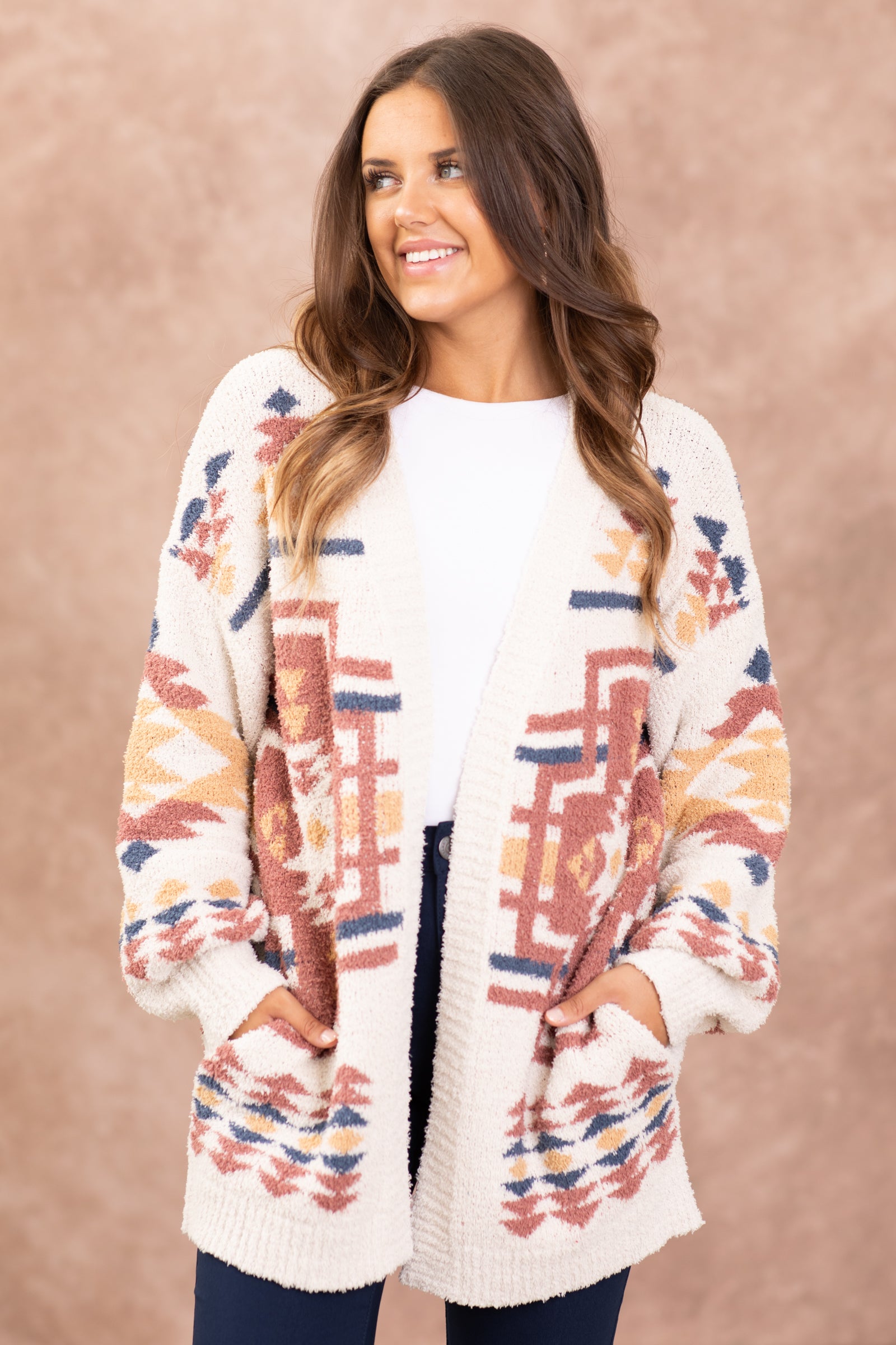 Ivory and Terra Cotta Aztec Print Cardigan · Filly Flair
