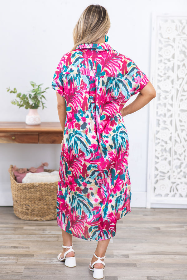 Fuchsia Tropical Print Button Down Shirt Dress · Filly Flair