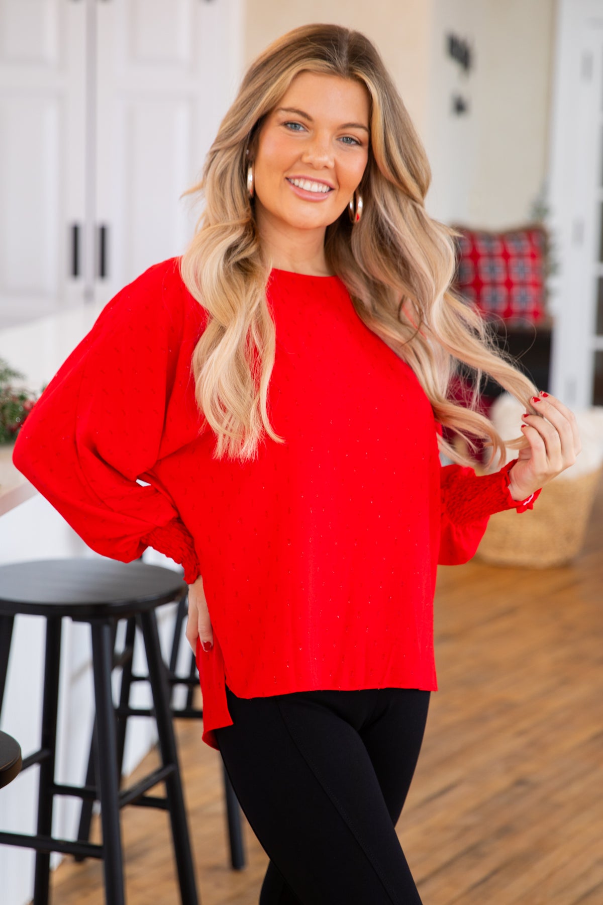 Red Smocked Cuff Top With Lurex · Filly Flair