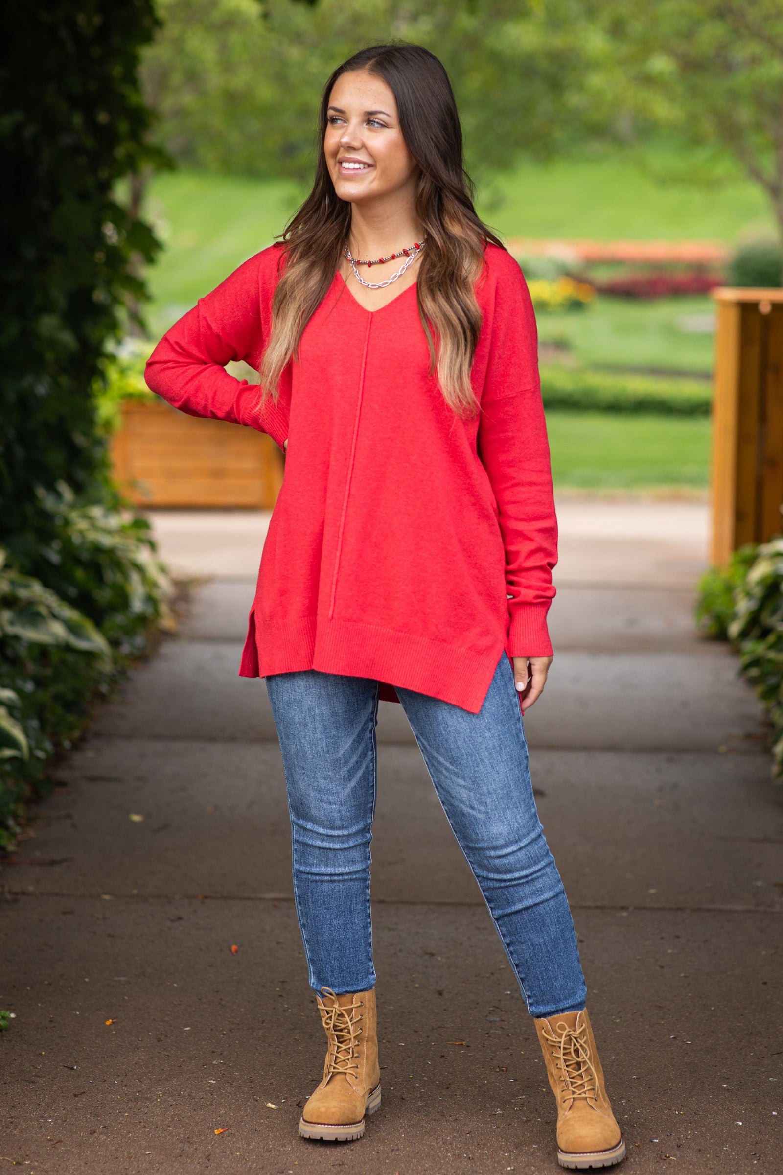 Red Front Seam Garment Dyed Sweater · Filly Flair