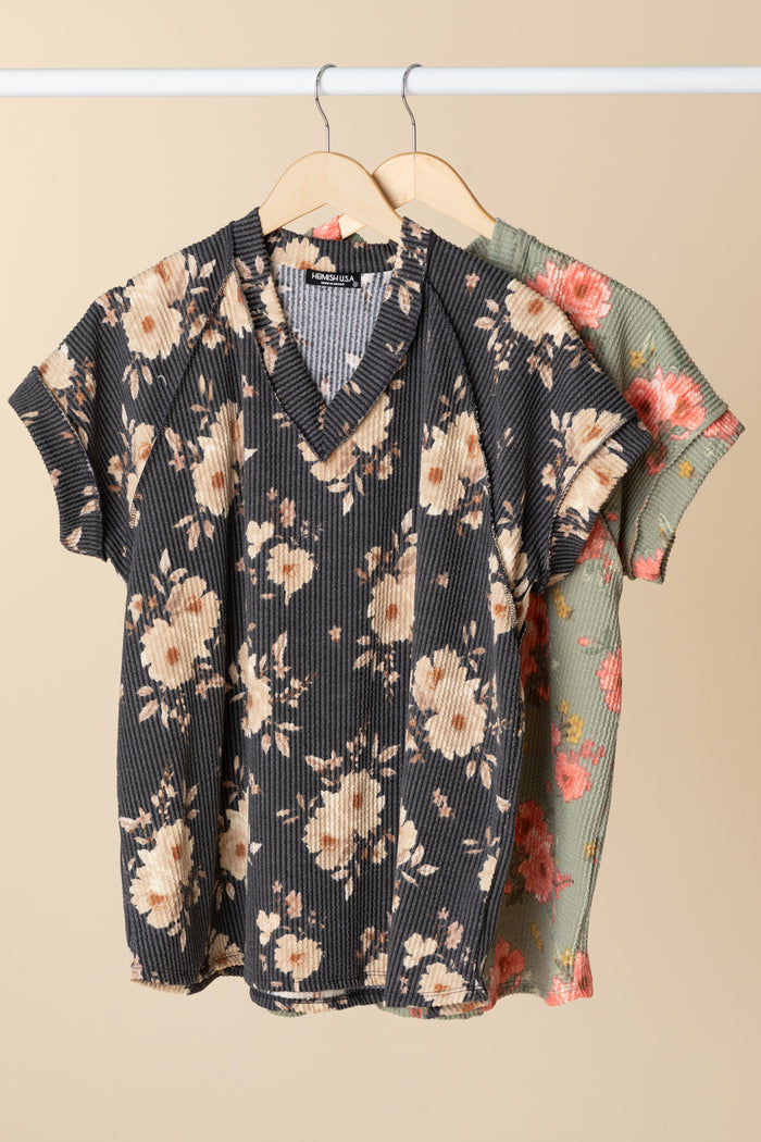 Flower Printed Ribbed Knit Tops · Filly Flair