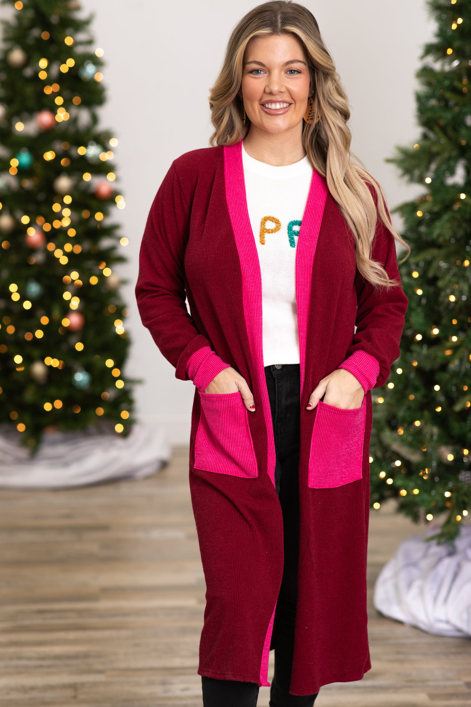 Hot Pink Colorblock Mid Length Cardigan · Filly Flair