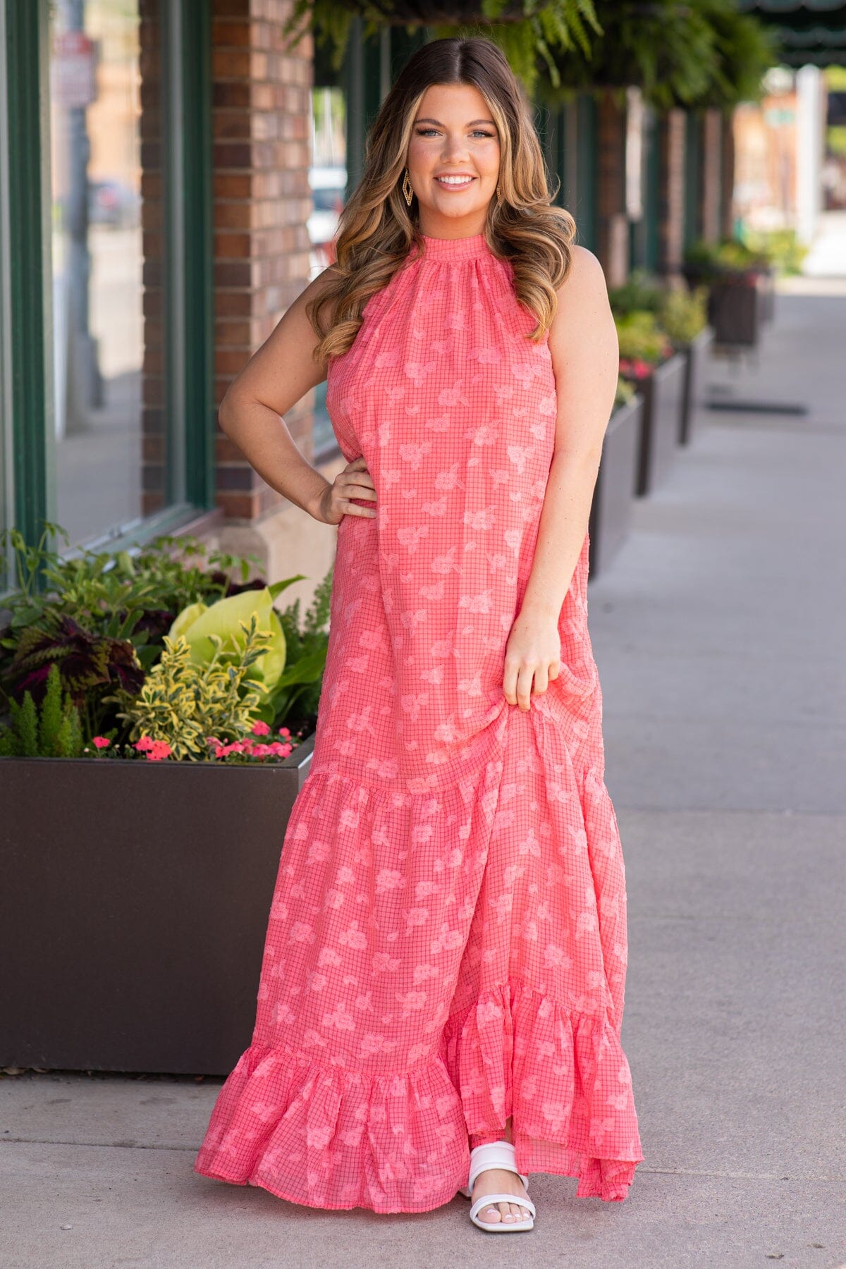 Coral Textured Halter Neck Maxi Dress · Filly Flair