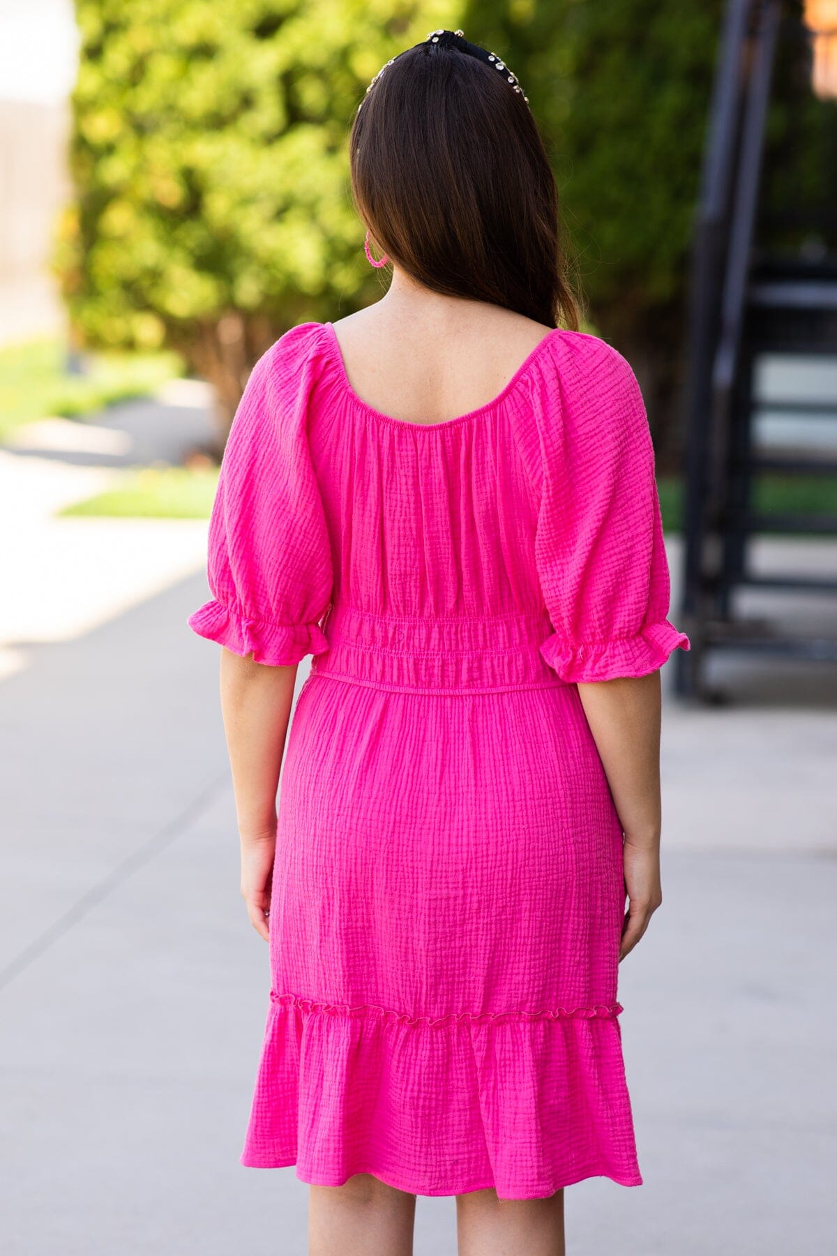 Hot Pink Balloon Sleeve Dress With Smocking · Filly Flair