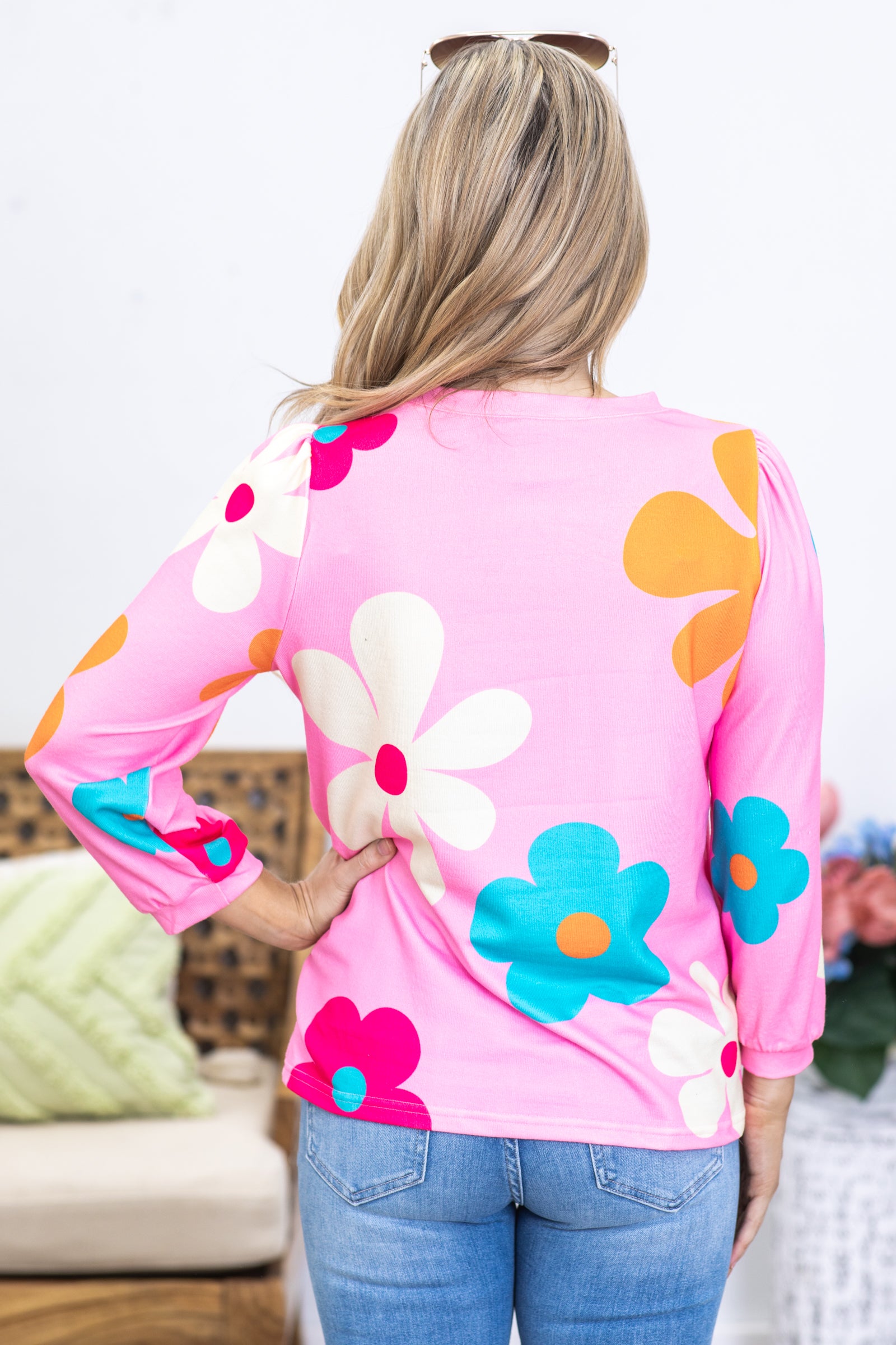 Pink Flower Print 3/4 Sleeve Knit Top · Filly Flair