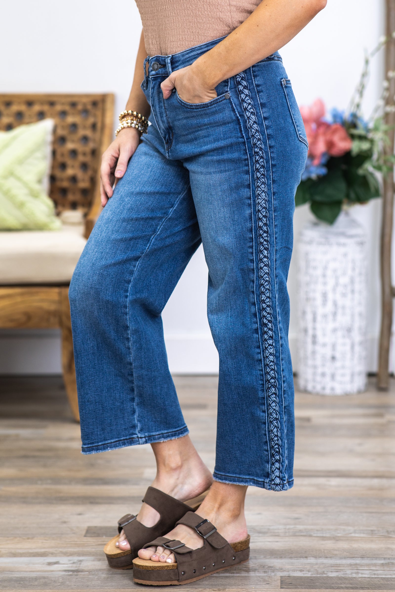 Judy Blue Braid Detail Crop Wide Leg Jeans · Filly Flair