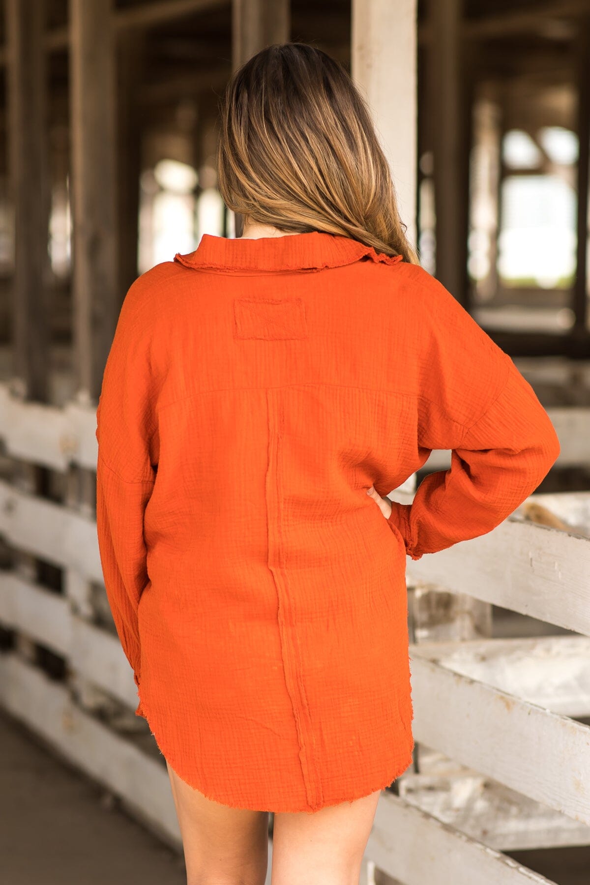 Burnt Orange Gauze Button Up Fray Hem Top · Filly Flair