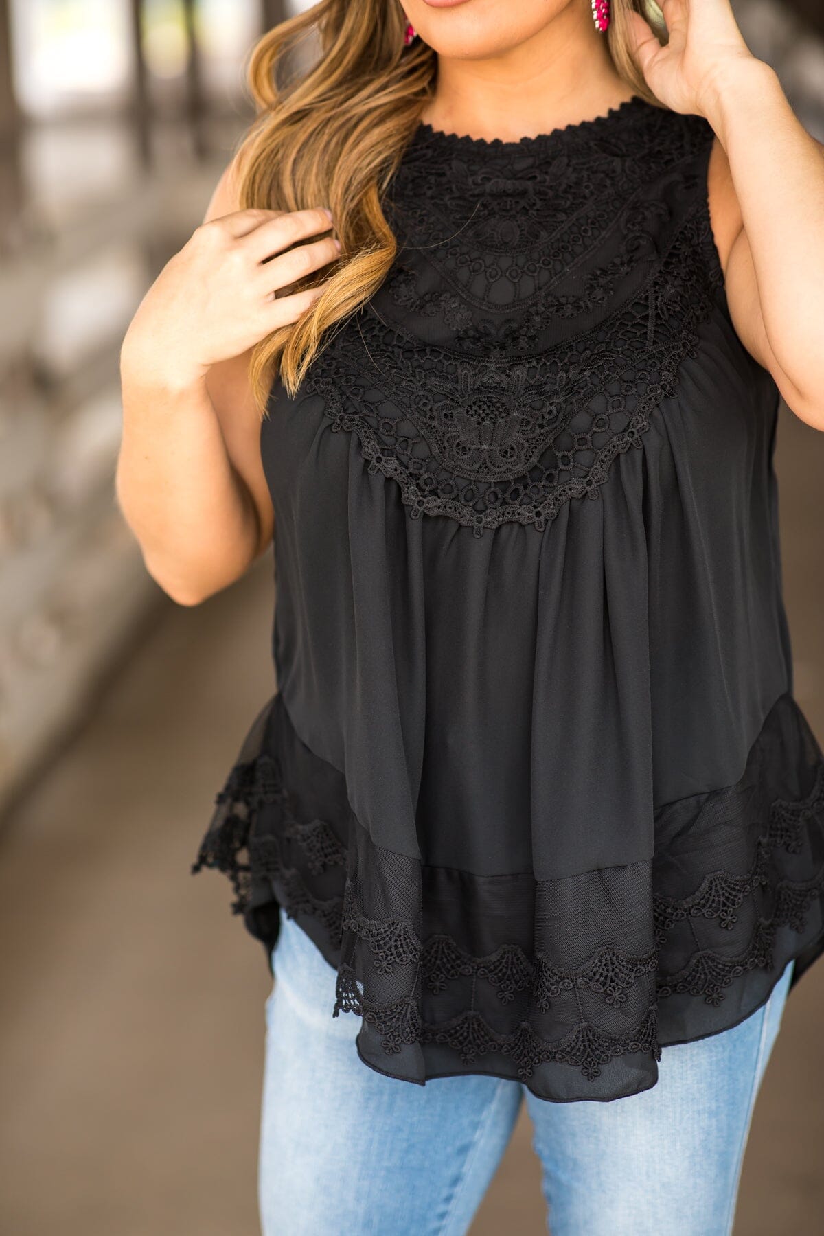 Black Lace Trim Button Back Tank · Filly Flair