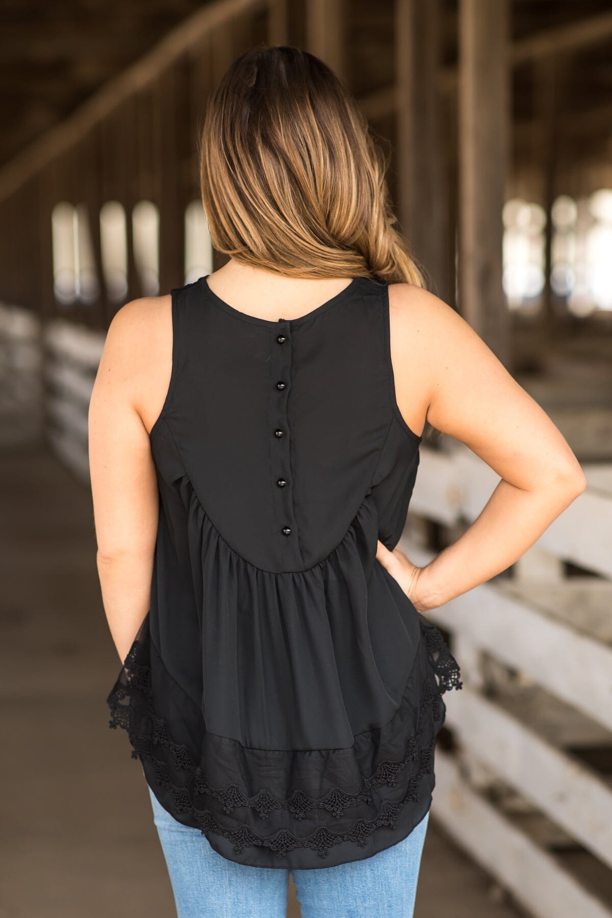 Black Lace Trim Button Back Tank · Filly Flair