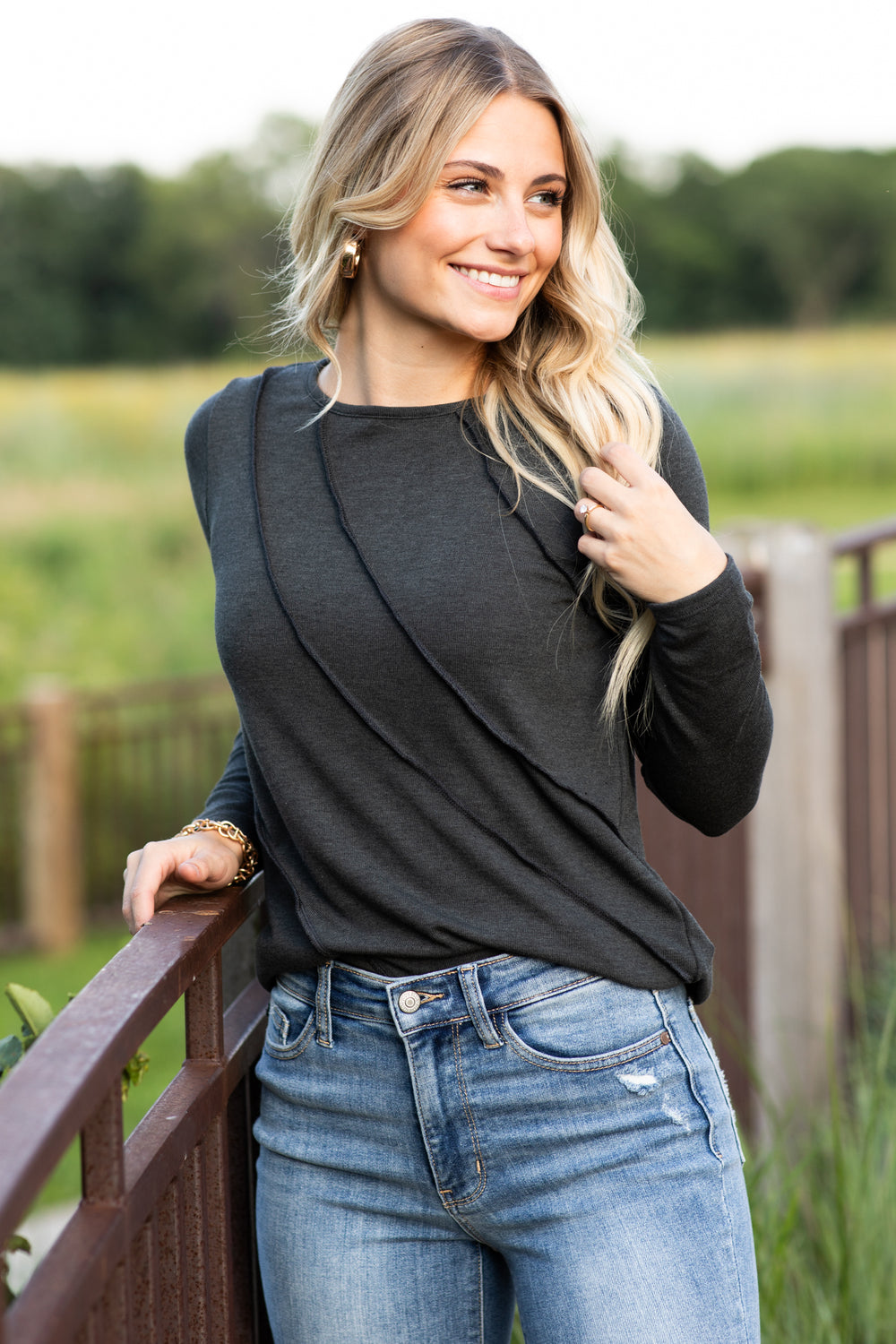 Charcoal Reverse Seam Long Sleeve Knit Top · Filly Flair