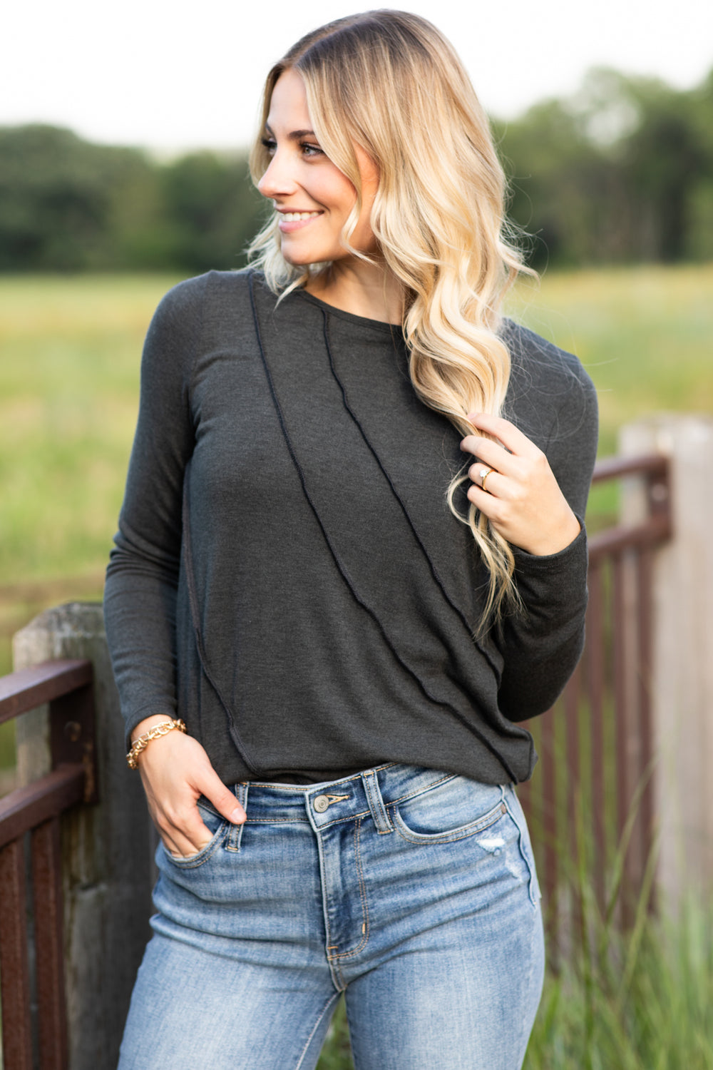 Charcoal Reverse Seam Long Sleeve Knit Top · Filly Flair