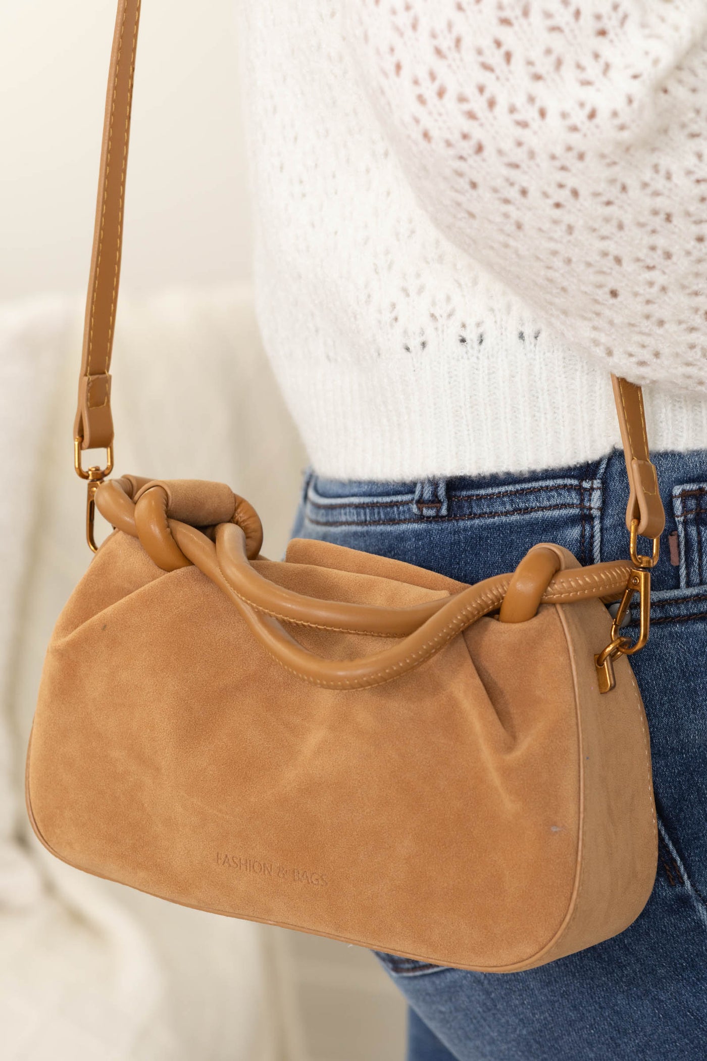Camel Rouched Faux Suede Tote Handbag · Filly Flair