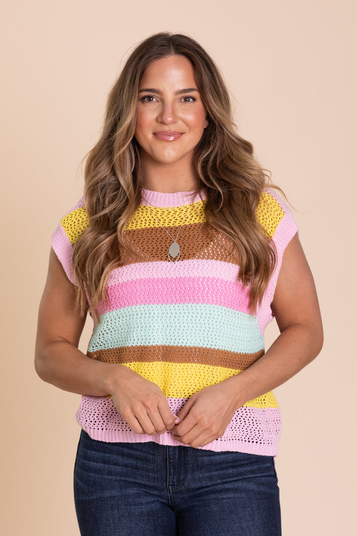 Pink Crochet Multi Stripe Knit Sweater Top · Filly Flair