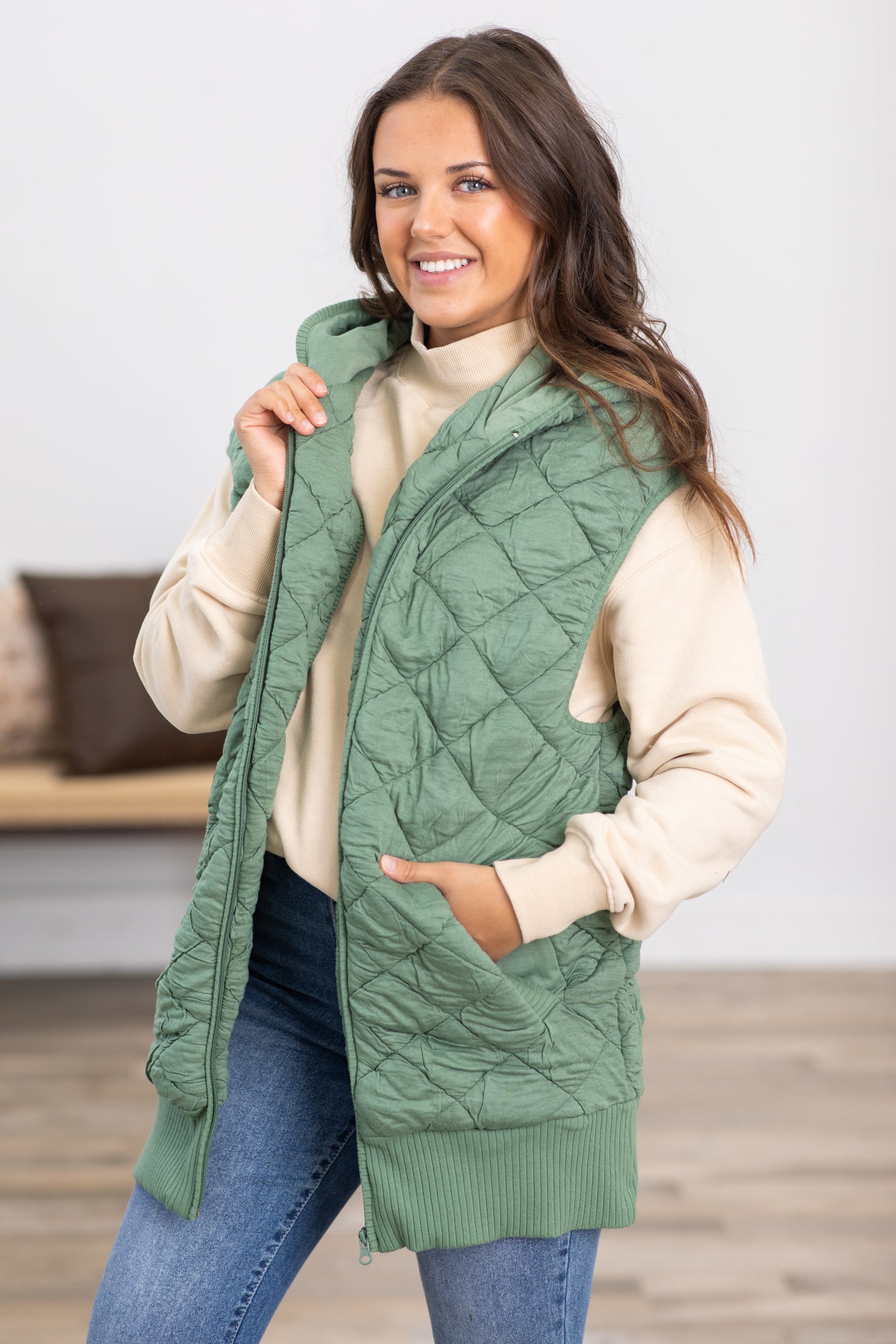 Sage Long Quilted Super Soft Vest With Hood · Filly Flair