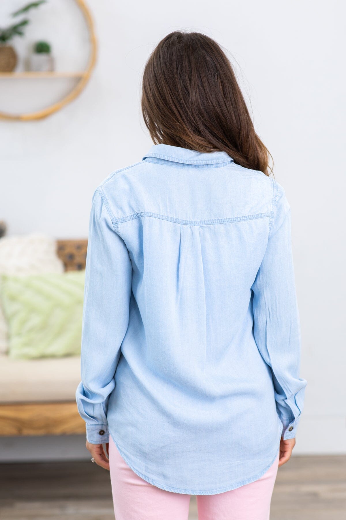 Light Wash Button Up Tencel Long Sleeve Top · Filly Flair