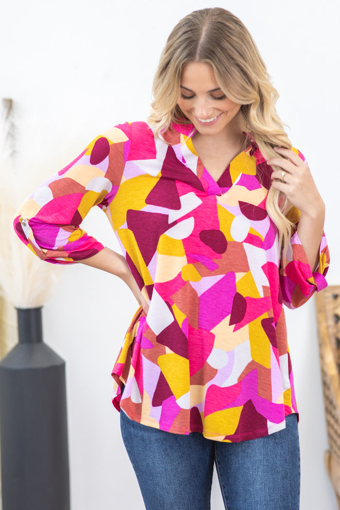 Hot Pink Geo Print Wrinkle Free Lizzy Top · Filly Flair