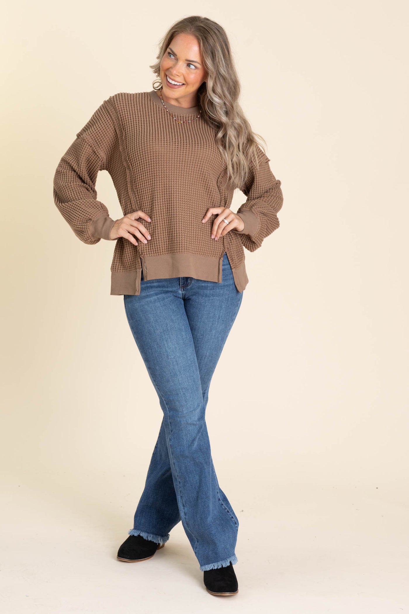 Relaxed Fit Waffle Knit Lightweight Sweaters · Filly Flair