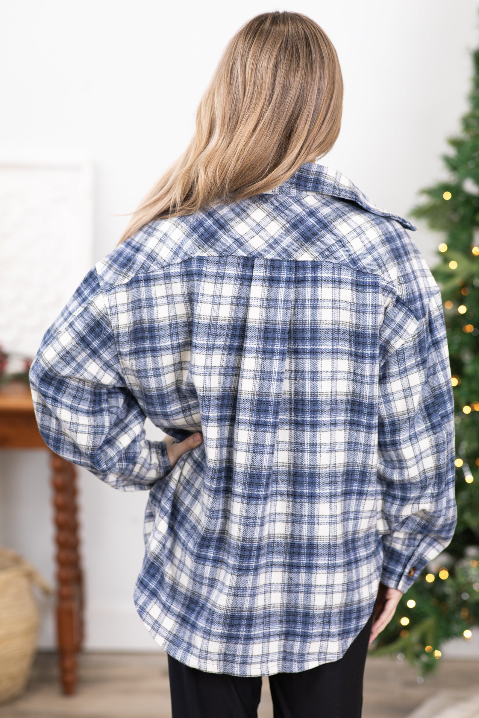 Blue and Cream Plaid Fleece Shacket · Filly Flair