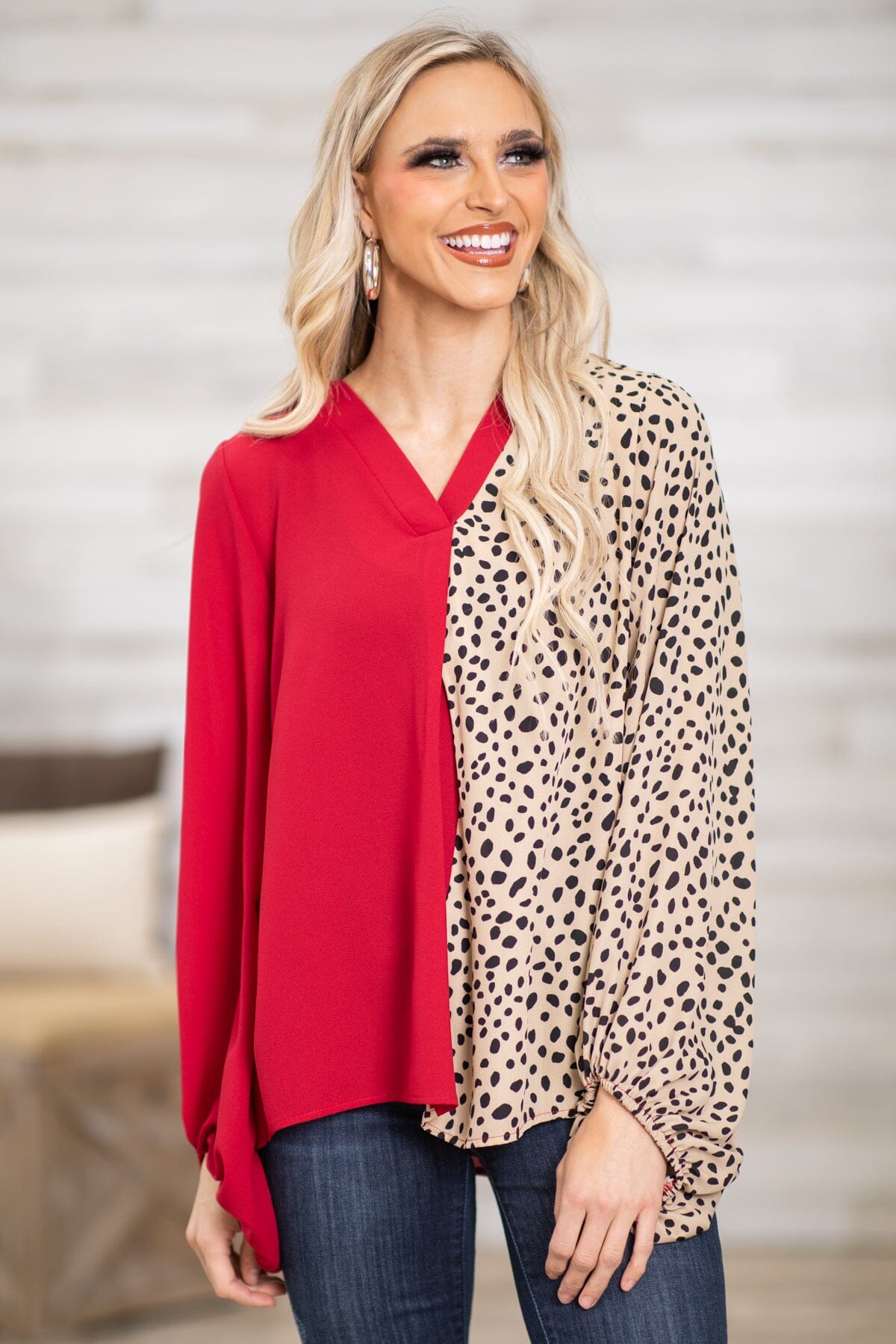 Red and Tan Animal Print Colorblock Top · Filly Flair