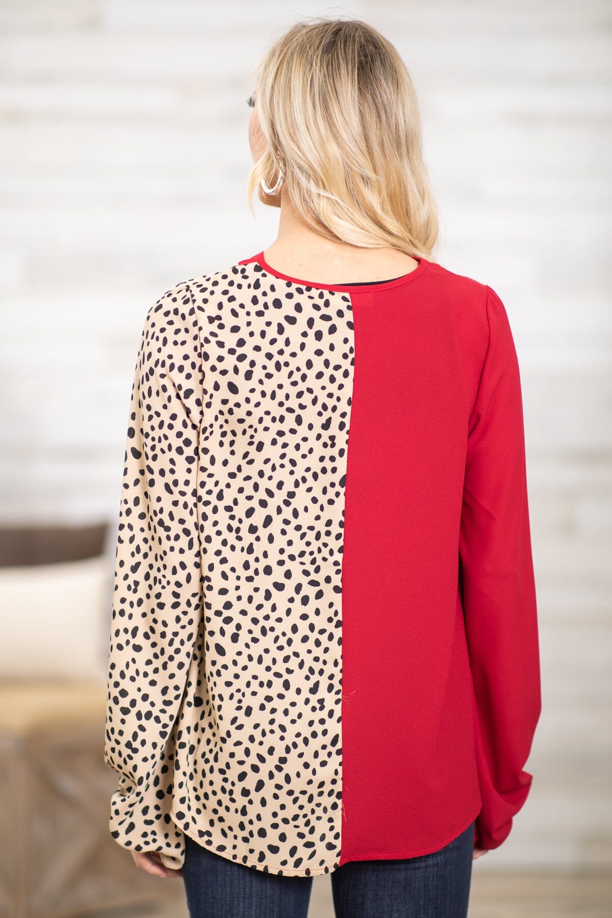 Red and Tan Animal Print Colorblock Top · Filly Flair