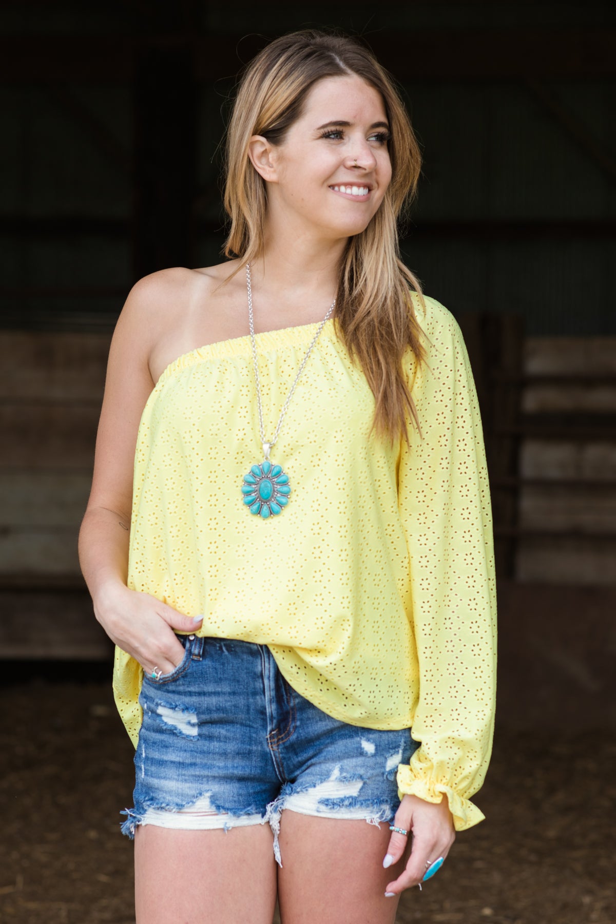 Yellow Eyelet Lace One Shoulder Top · Filly Flair