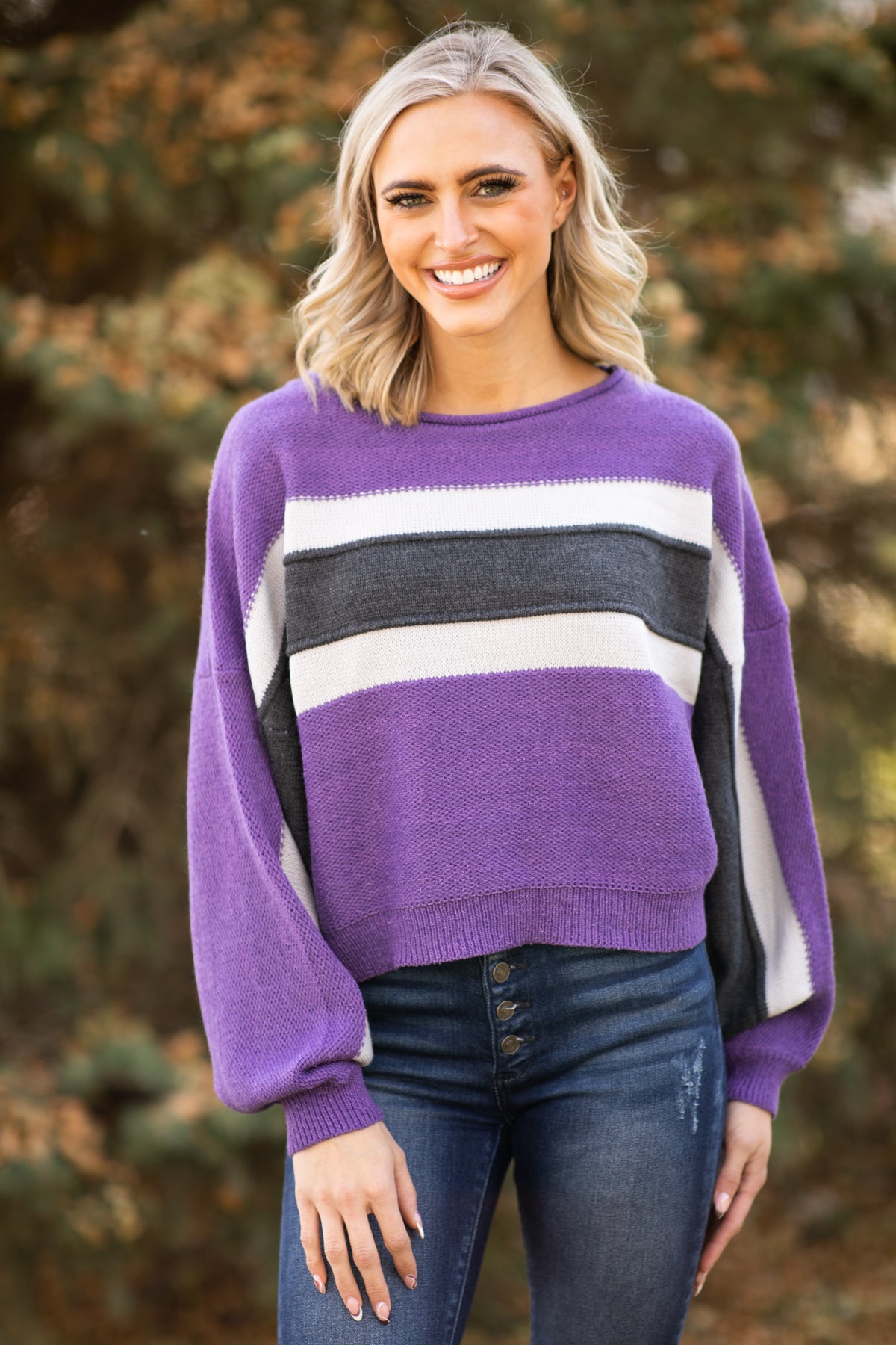 Purple and Charcoal Stripe Colorblock Sweater · Filly Flair