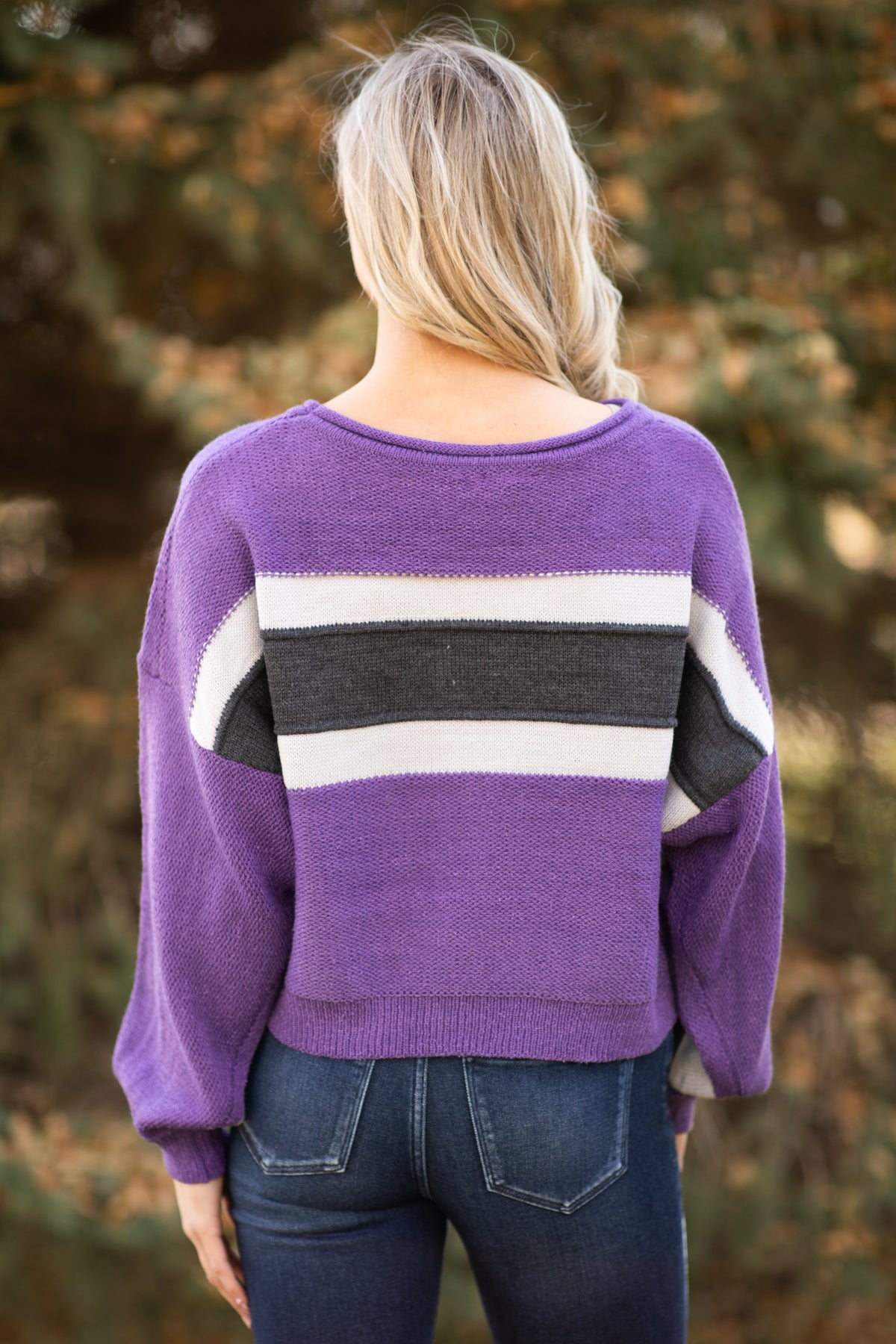 Purple and Charcoal Stripe Colorblock Sweater · Filly Flair