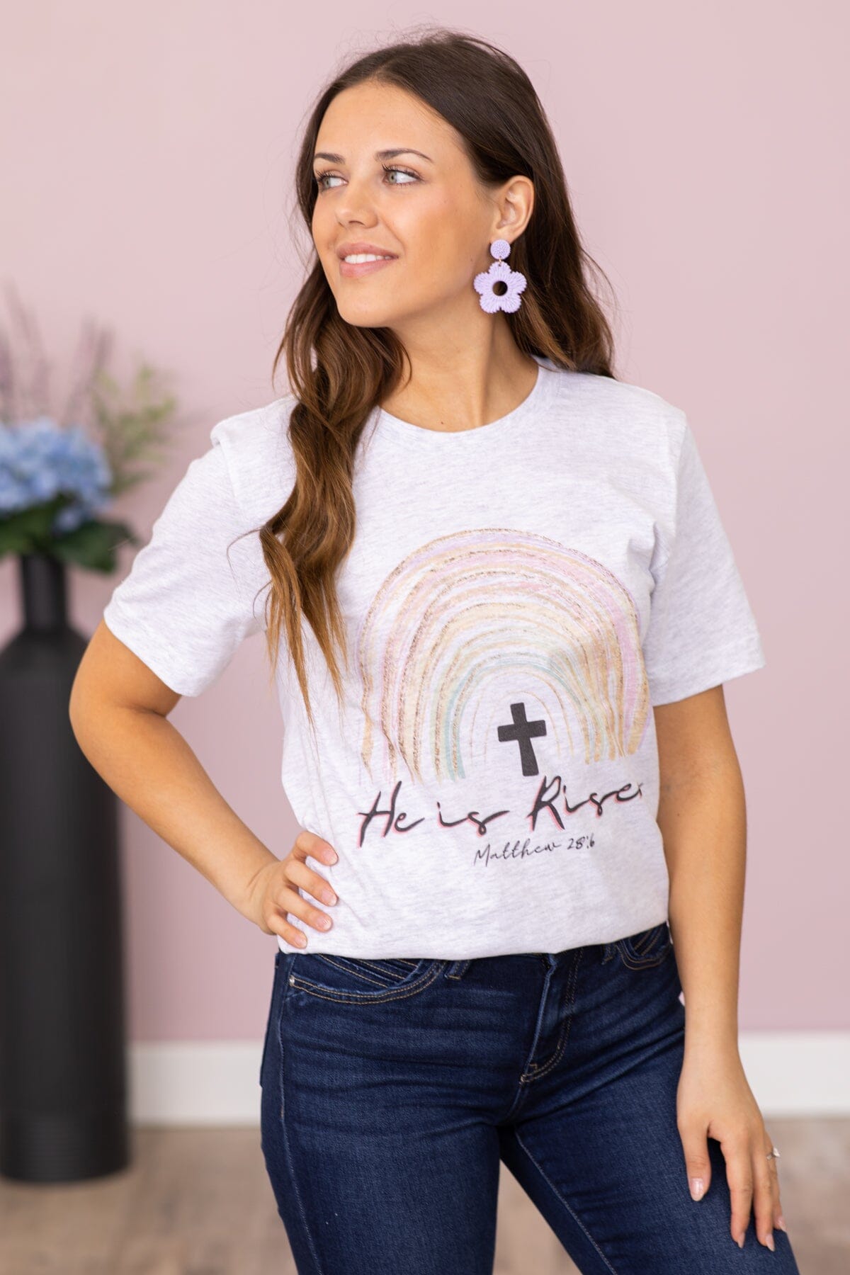 Light Grey He Is Risen Rainbow Graphic Tee · Filly Flair
